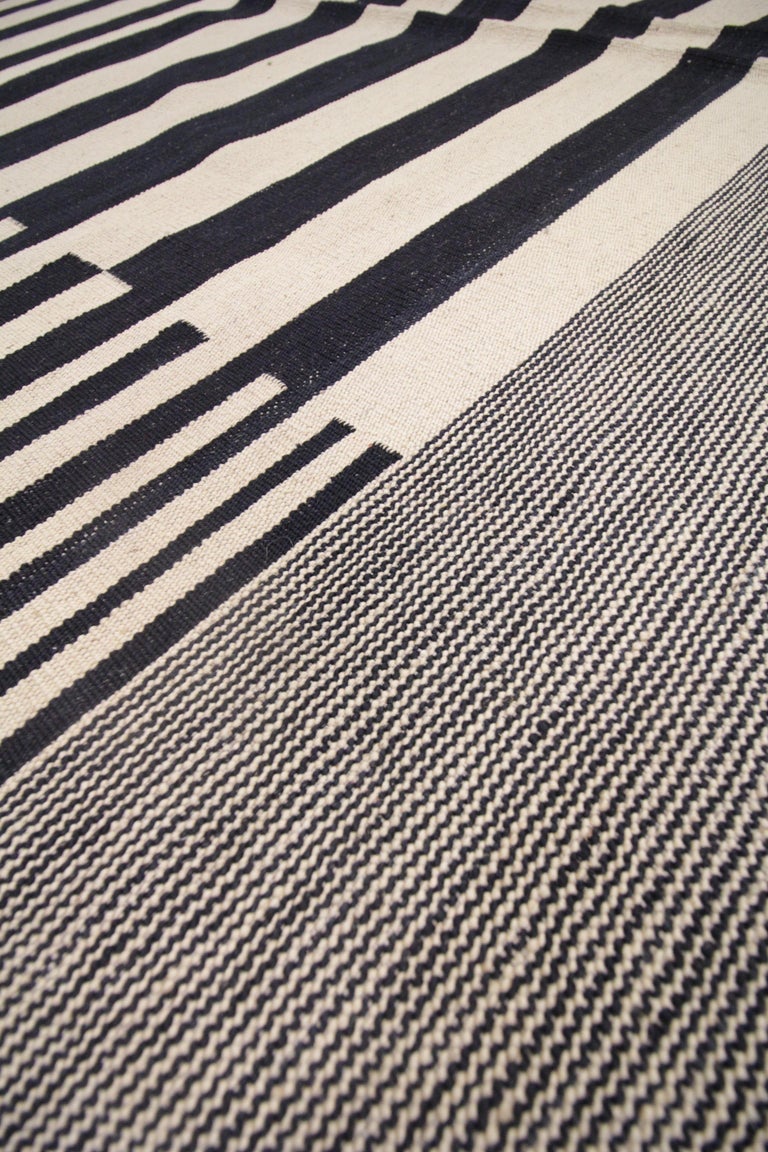 Modern Kilim Rugs Handmade Black Cream Kilim, Flat Striped Wool Rug at ...