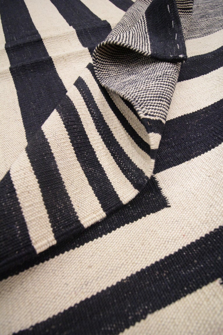 Modern Kilim Rugs Handmade Black Cream Kilim, Flat Striped Wool Rug at ...