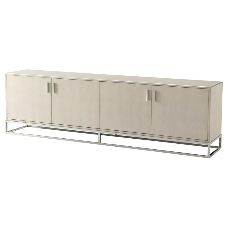 Modern Leather Wrapped Media Cabinet, Light Overcast For Sale at 1stDibs