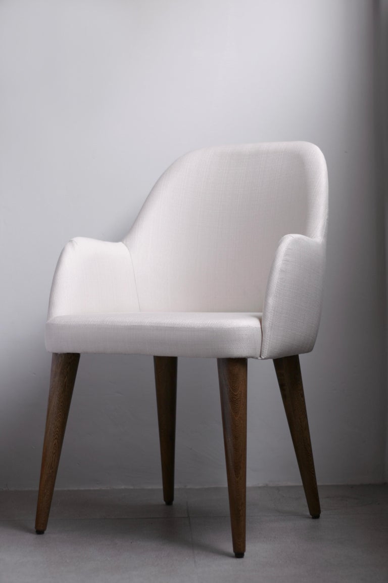 Modern Light Ivory Cream Fabric Dining Armchair with Oak Base For Sale ...