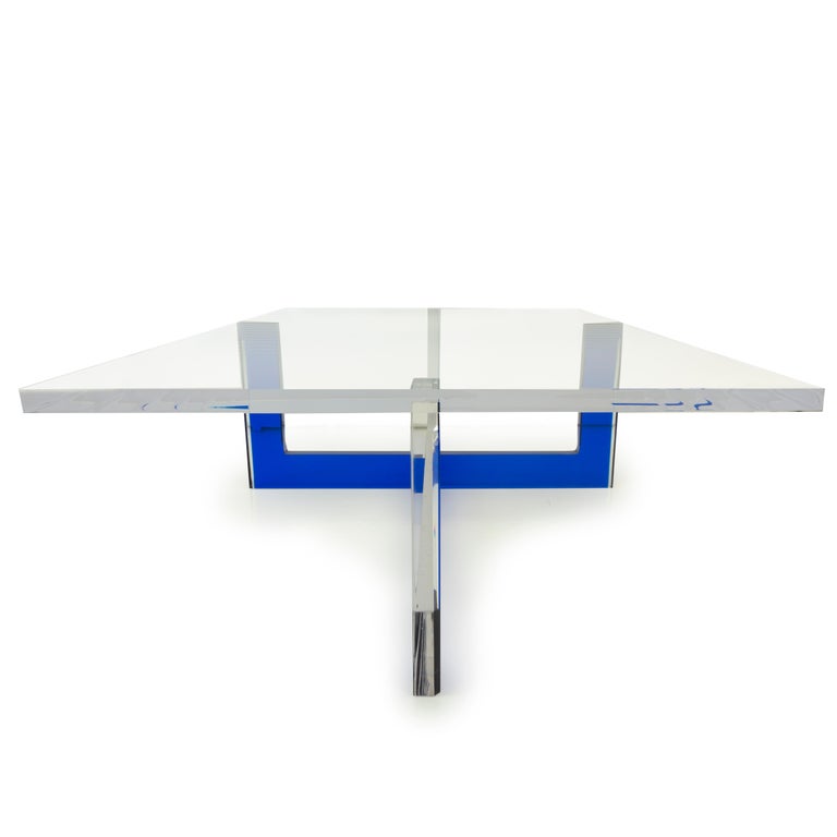 Modern Lucite Coffee Table with Blue Base For Sale at 1stdibs