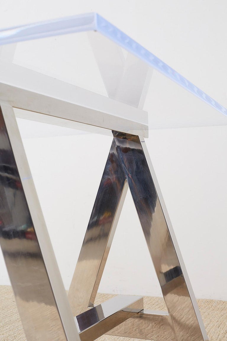 Modern Lucite Desk Dining Table with Chrome Sawhorse Bases at 1stDibs