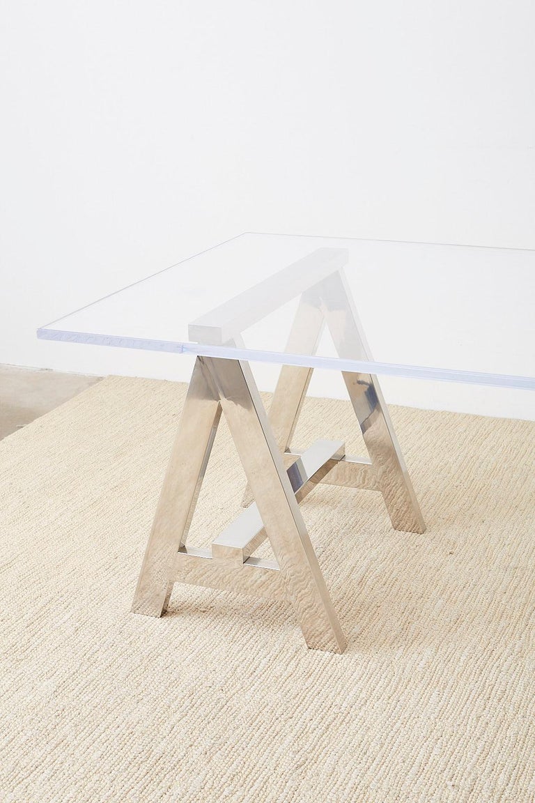Modern Lucite Desk Dining Table with Chrome Sawhorse Bases at 1stDibs