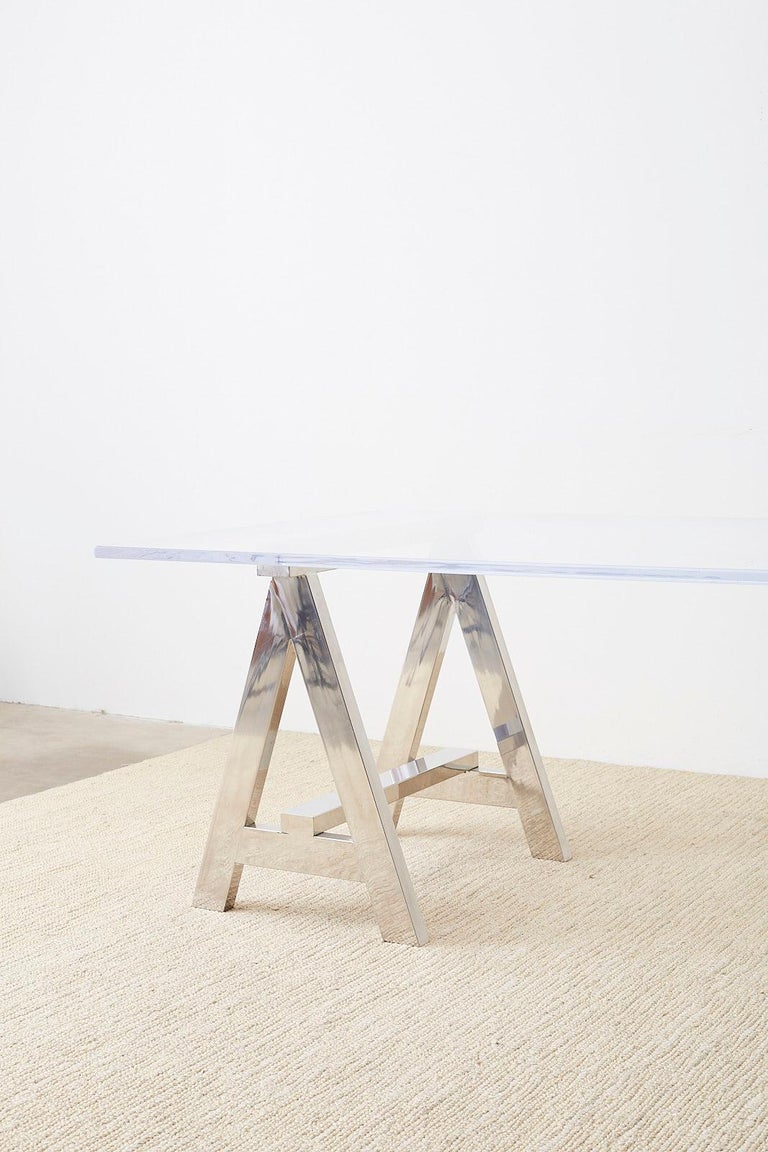 Modern Lucite Desk Dining Table with Chrome Sawhorse Bases at 1stDibs
