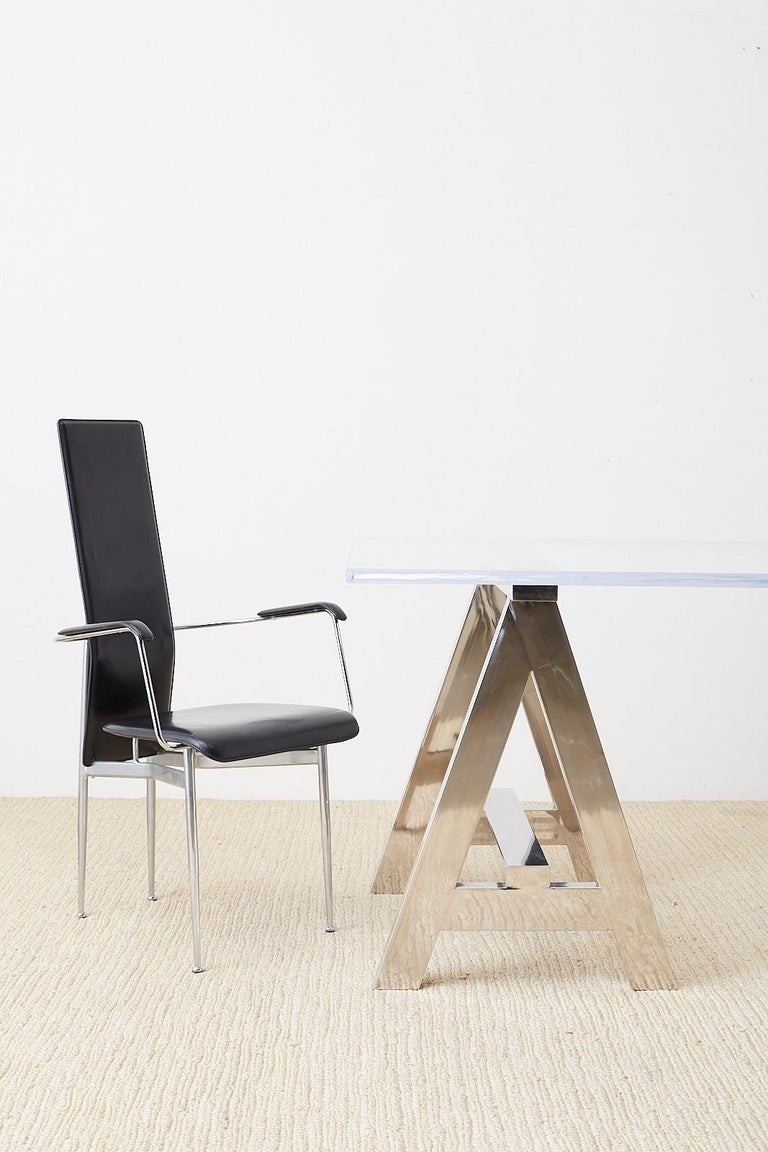 Modern Lucite Desk Dining Table with Chrome Sawhorse Bases at 1stDibs