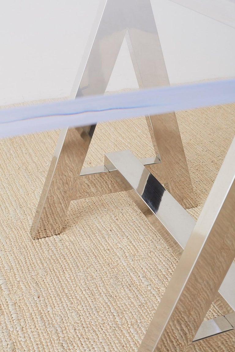 Modern Lucite Desk Dining Table with Chrome Sawhorse Bases at 1stDibs