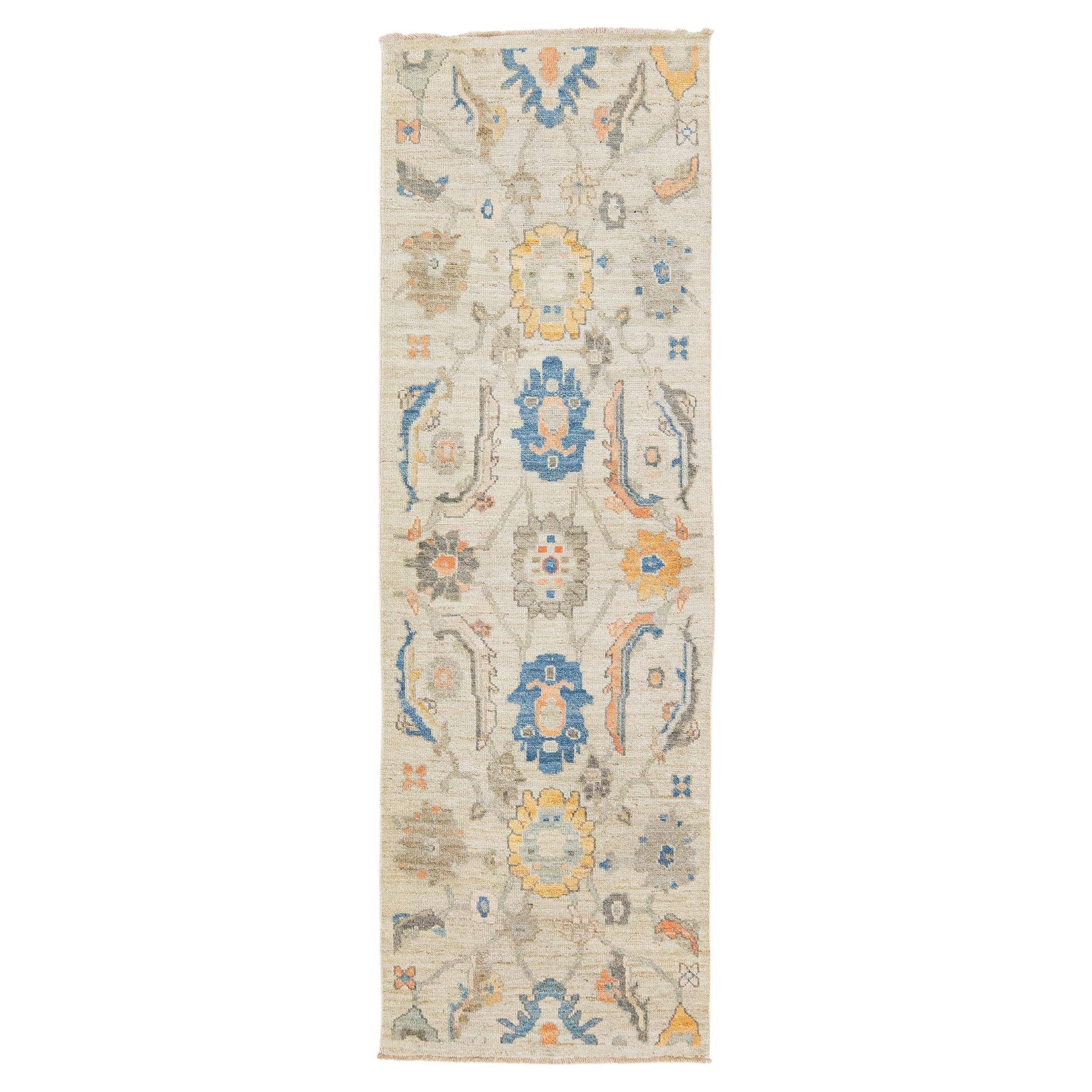 Modern Mahal Handmade Beige Wool Runner with Floral Design For Sale at ...