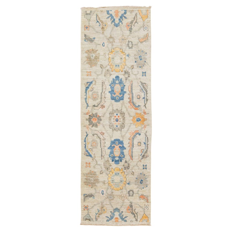 Modern Mahal Handmade Beige Wool Runner with Floral Design For Sale at ...