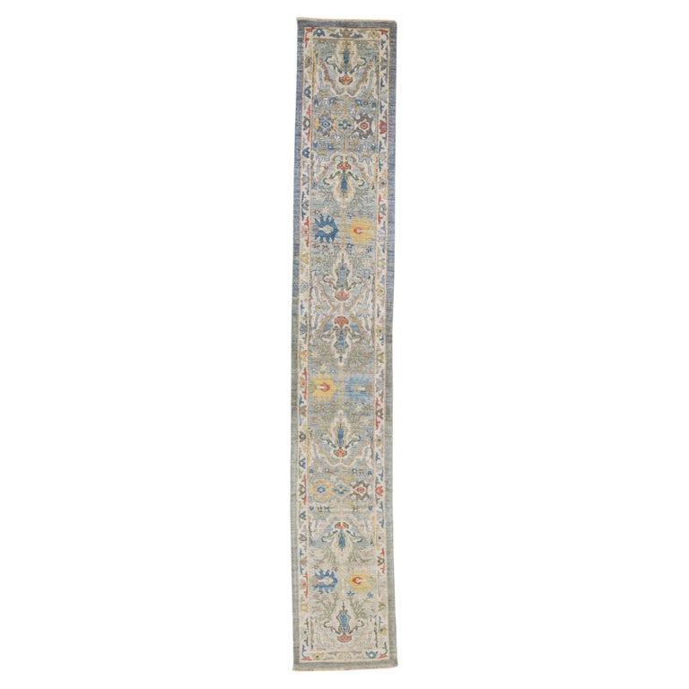 Modern Mahal Handmade Blue Wool Runner With Floral Design For Sale at ...