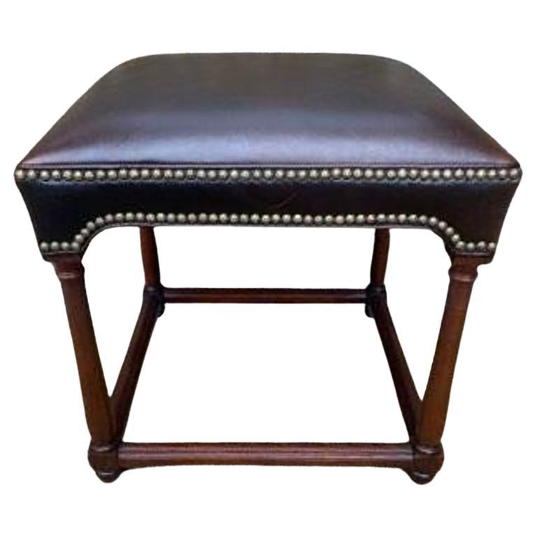 Modern Mahogany Stool With Brown Leather Top And Brass Nailheads By