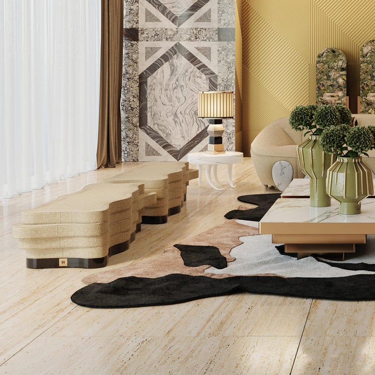 Modern Cream Gradient Velvet Wave Bench Ebony Veneer Base For Sale at ...