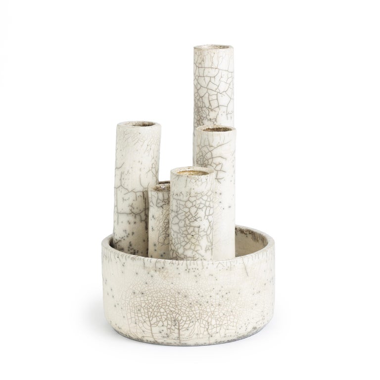 Modern Metropolis M Candle Holder Sculpture Raku Ceramic White Crakle ...