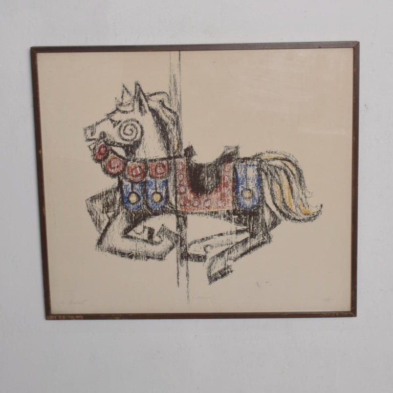 1970s Modern Carousel Horse Colorful Lithograph, Signed B Arnholt For ...