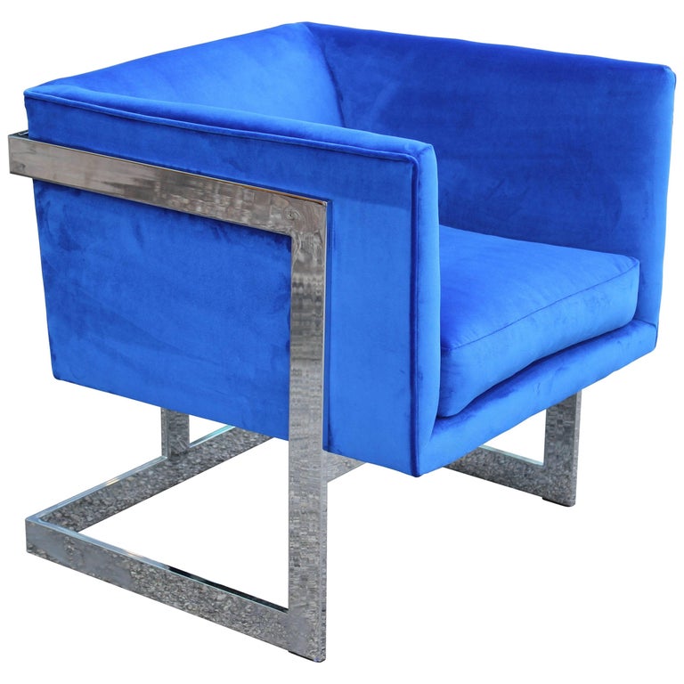Modern Milo Baughman for Thayer Coggin Blue Velvet and Chrome Cube ...