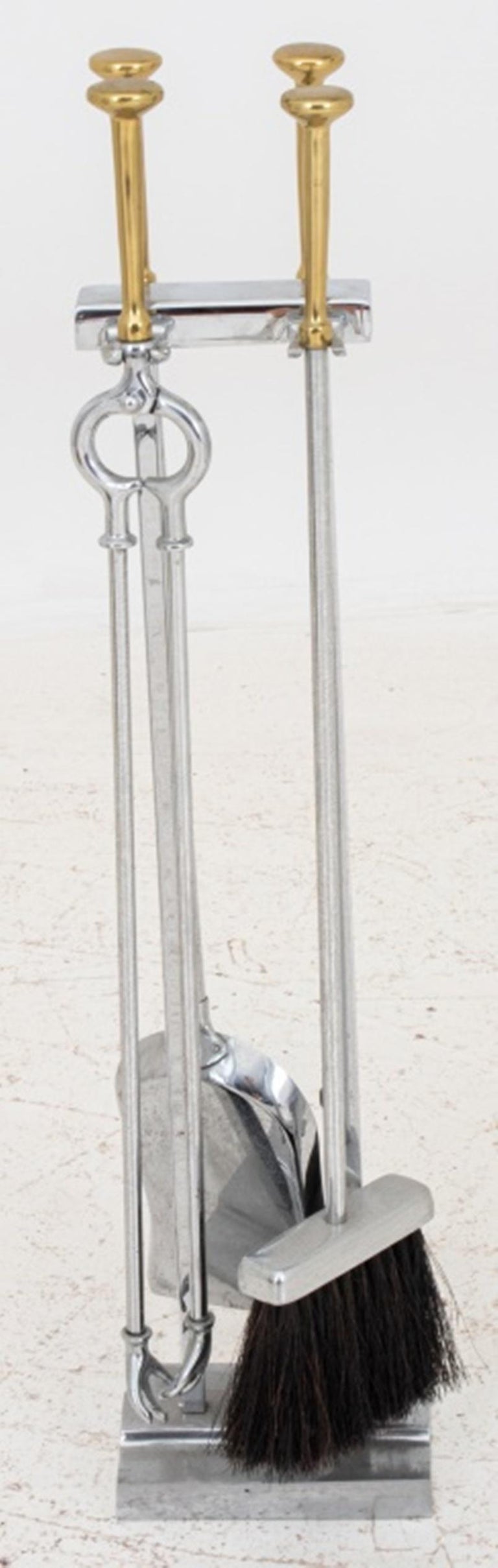 Modern Mixed Metal Chrome Brass Fireplace Tool Set For Sale at 1stDibs