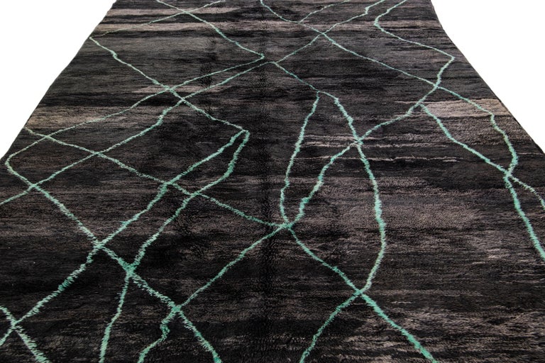Modern Moroccan Handmade Black Room Size Wool Rug with Tribal Design ...
