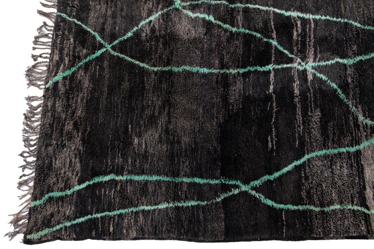 Modern Moroccan Handmade Black Room Size Wool Rug with Tribal Design ...