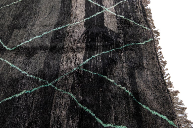 Modern Moroccan Handmade Black Room Size Wool Rug with Tribal Design ...