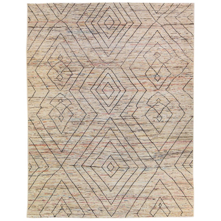 Modern Moroccan Style Beige Handmade Bohemian Pattern Wool Rug For Sale ...