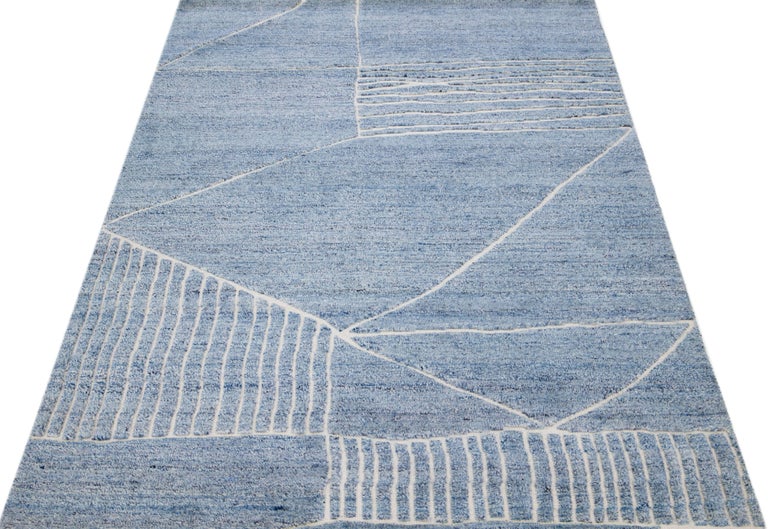 Modern Moroccan Style Blue Handmade Wool Rug With Geometric Motif by ...