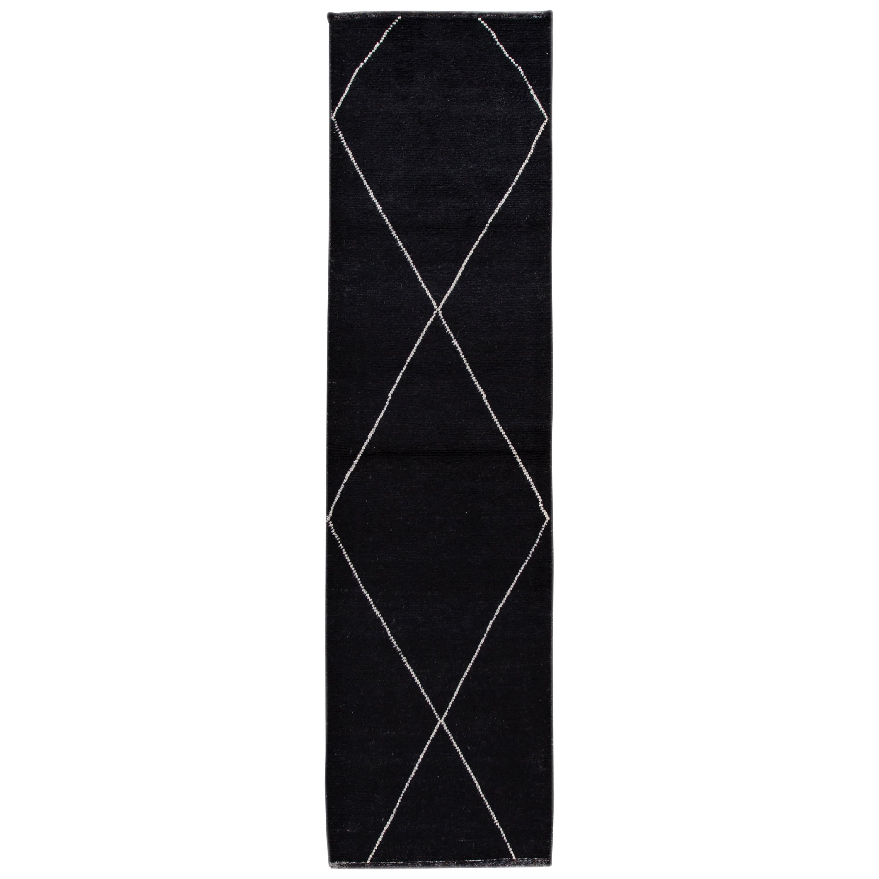 Modern Moroccan Style Handmade Navy-Blue Wool Runner For Sale at 1stDibs