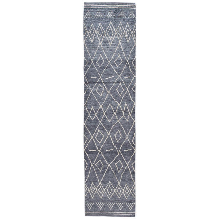 Modern Moroccan Style Handmade Blue Wool Runner For Sale at 1stDibs