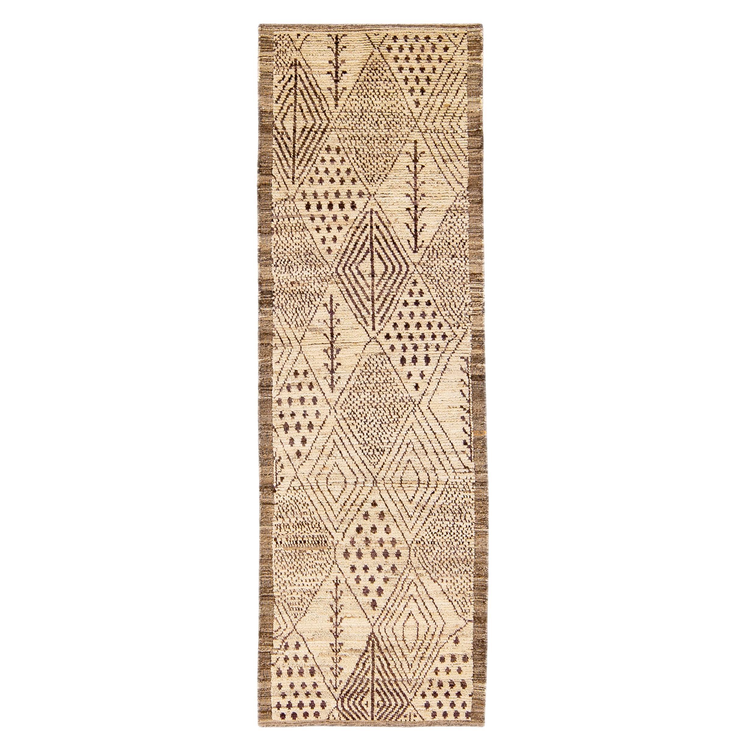 Modern Moroccan Style Handmade Bohemian Designed Beige Wool Runner For ...