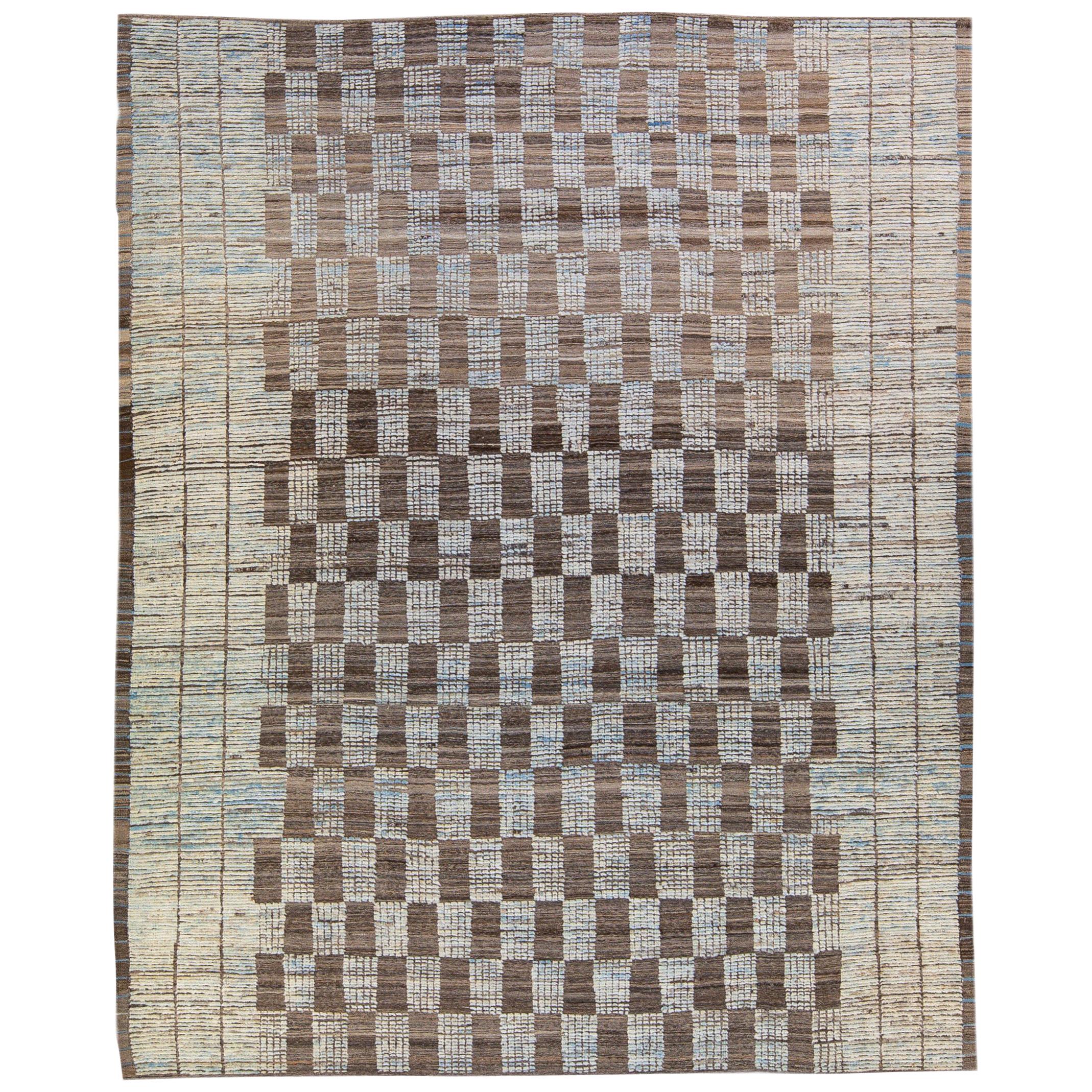 Modern Beige Moroccan Style Handmade Brown Geometric Pattern Wool Rug ...