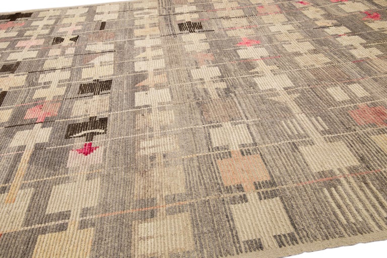 Modern Moroccan Style Handmade Designed Beige Oversize Boho Wool Rug ...