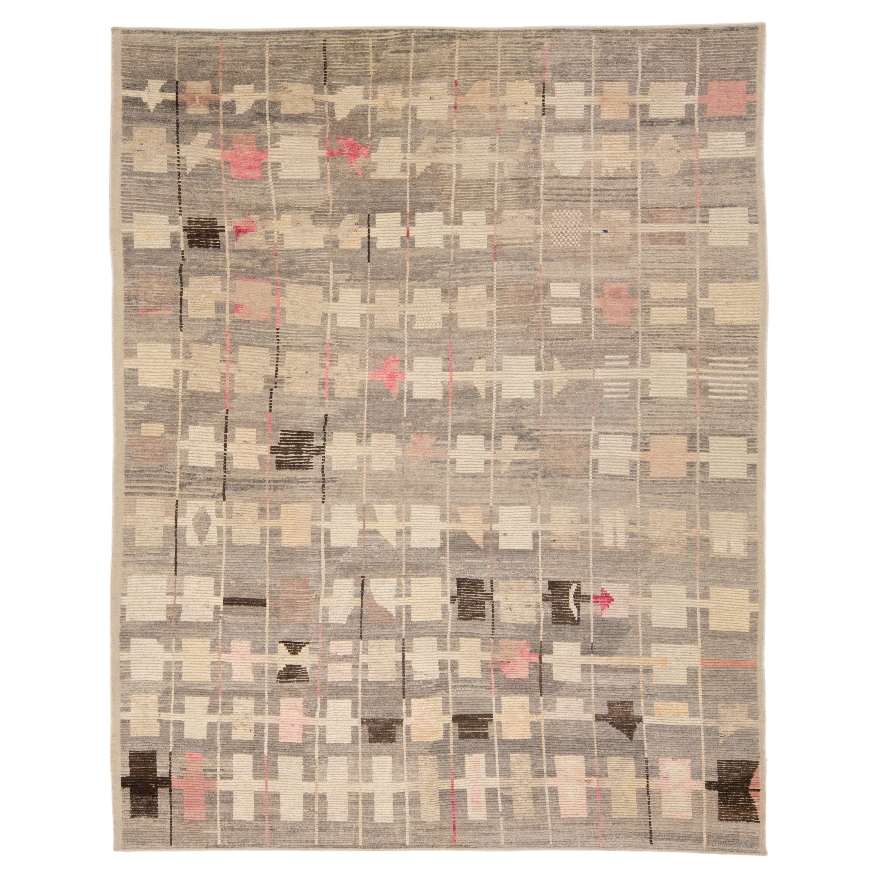 Modern Moroccan Style Handmade Designed Beige Oversize Boho Wool Rug ...