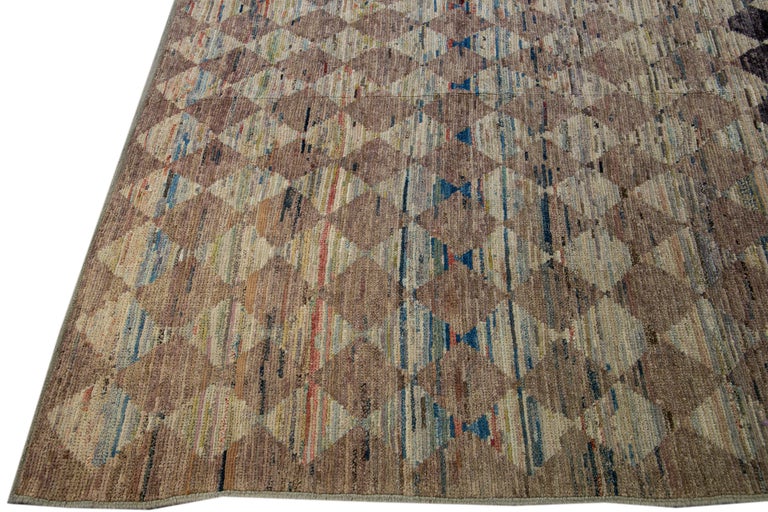 Modern Moroccan Style Handmade Diamond Check Pattern Brown Square Wool ...