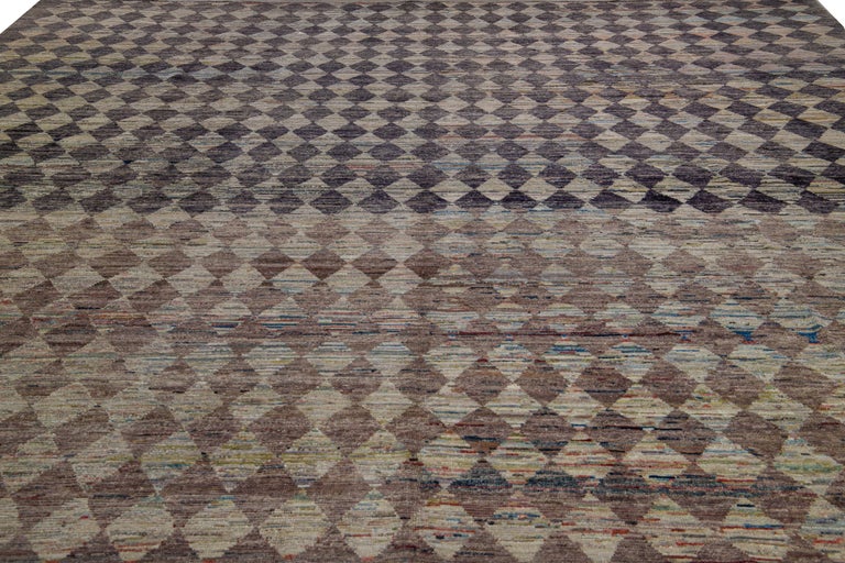 Modern Moroccan Style Handmade Diamond Check Pattern Brown Square Wool ...
