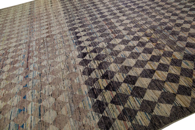 Modern Moroccan Style Handmade Diamond Check Pattern Brown Square Wool ...