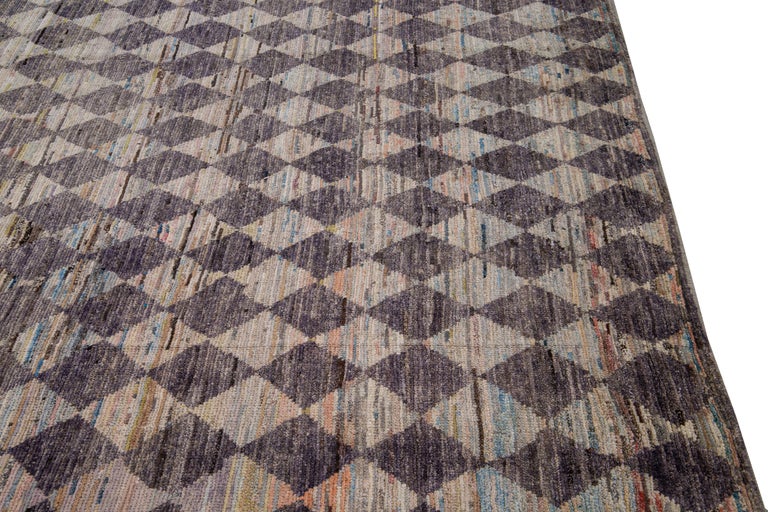 Modern Moroccan Style Handmade Diamond Check Pattern Brown Square Wool ...