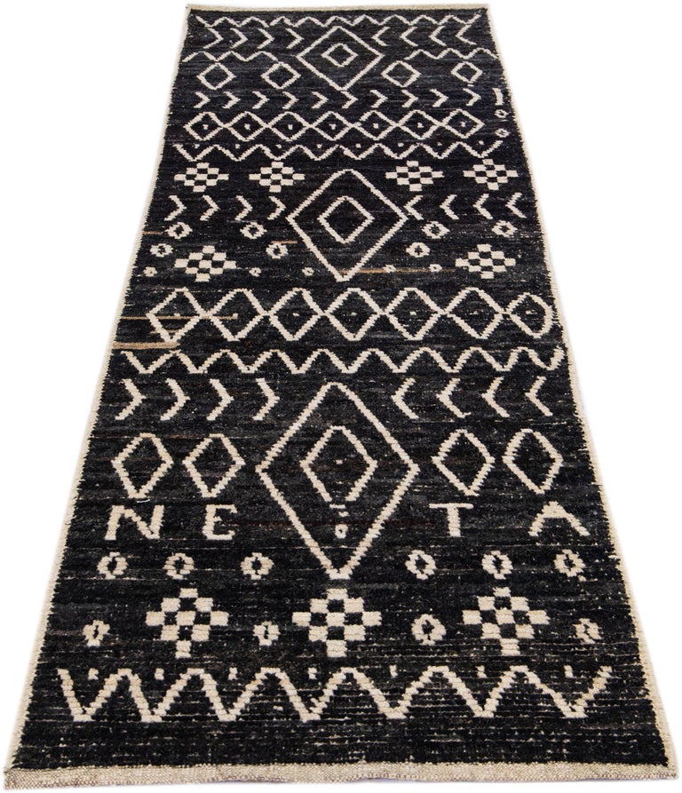 Modern Moroccan Style Handmade Geometric Brown Wool Runner For Sale at ...