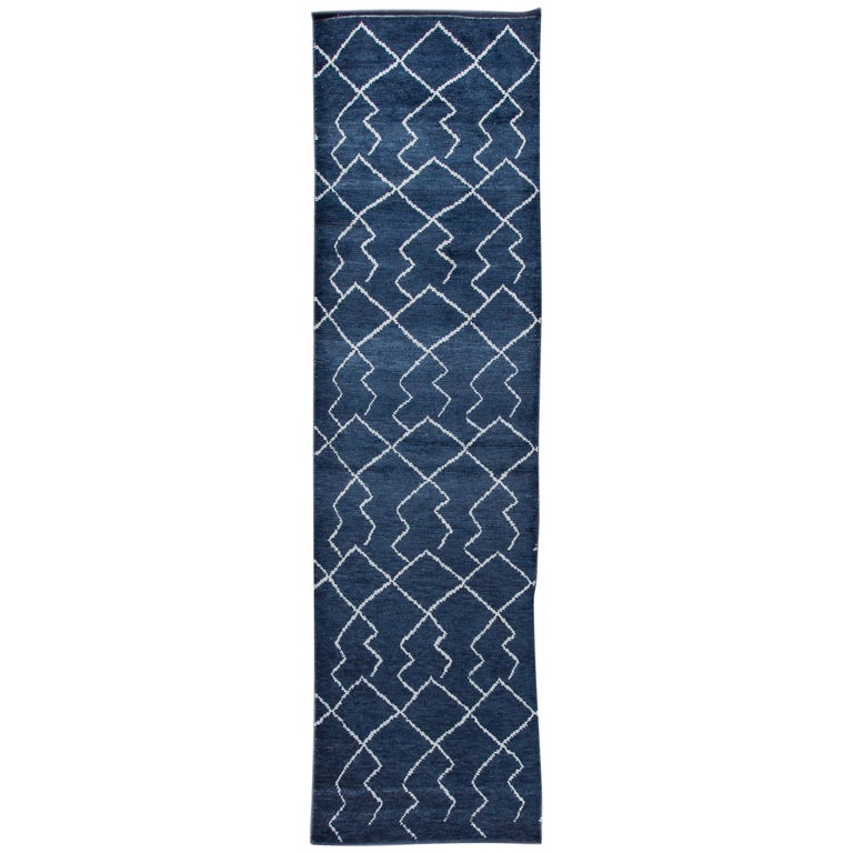 Modern Moroccan Style Handmade Navy-Blue Wool Runner For Sale at 1stDibs