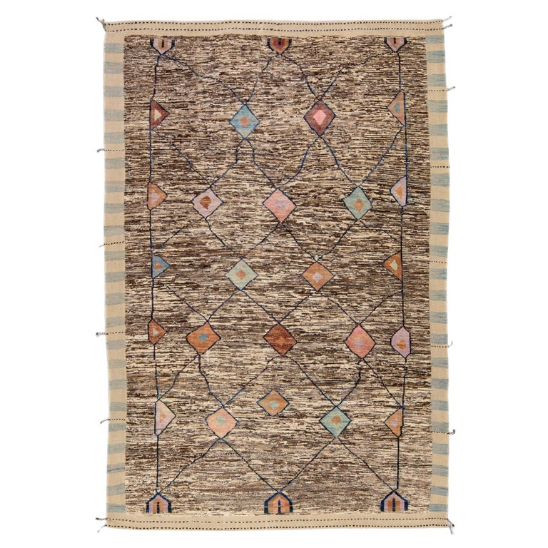 Modern Moroccan Style Handmade Tribal Boho Beige and Brown Wool Rug For ...