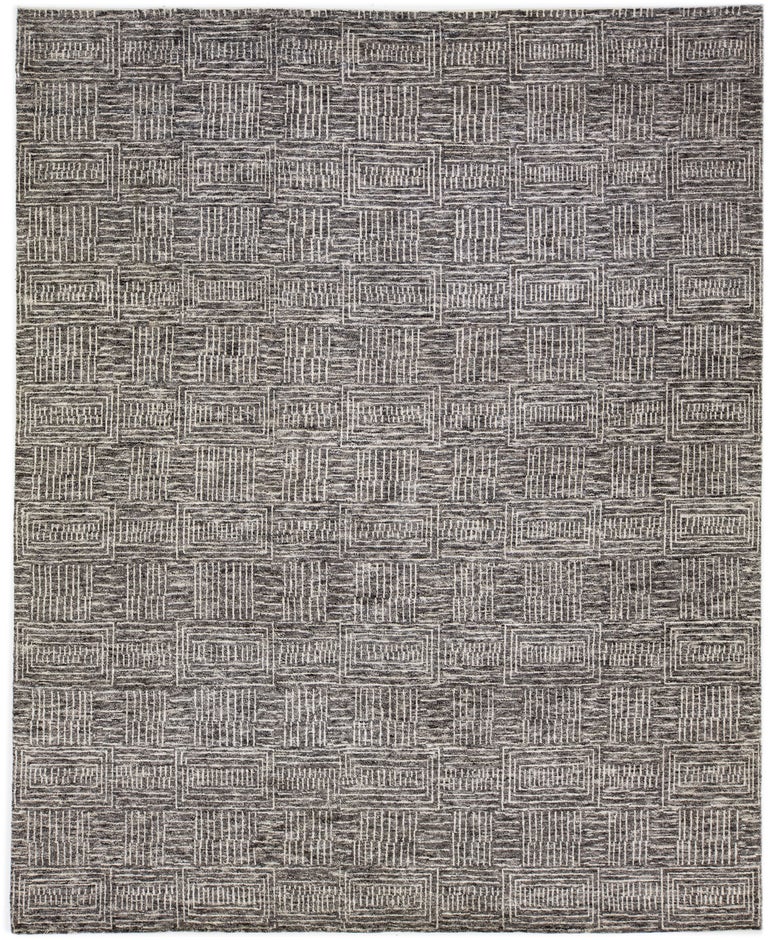 Modern Moroccan Style Handmade Wool Rug with Op Art Pattern In Grey For ...
