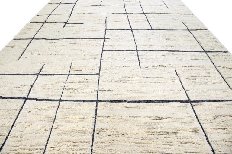 Modern Moroccan Style Ivory Handmade Geometric Wool Rug For Sale at 1stDibs