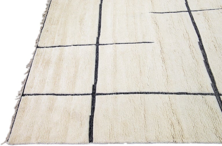 Modern Moroccan Style Ivory Handmade Geometric Wool Rug For Sale at 1stDibs