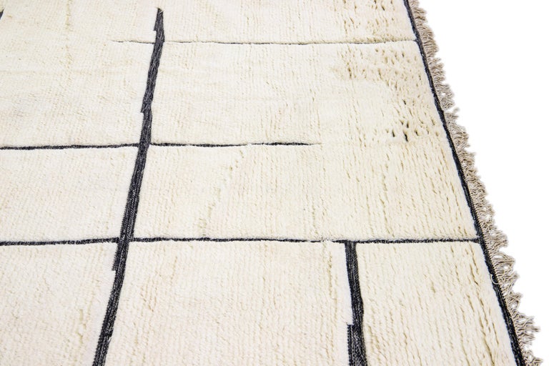 Modern Moroccan Style Ivory Handmade Geometric Wool Rug For Sale at 1stDibs