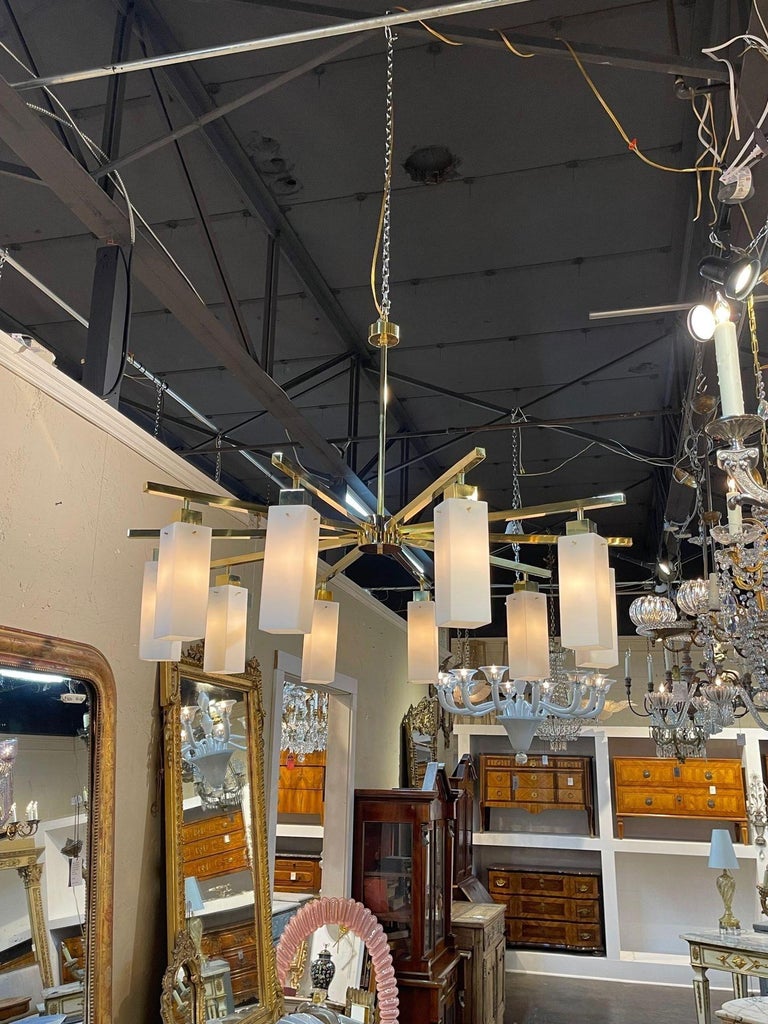 Modern Murano Square Shaped Glass and Brass Chandelier For Sale at 1stDibs