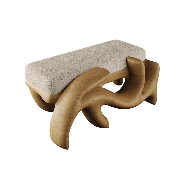Organic Modern Bench Bouclé Upholstered Seat Organic Shape Base Ash ...