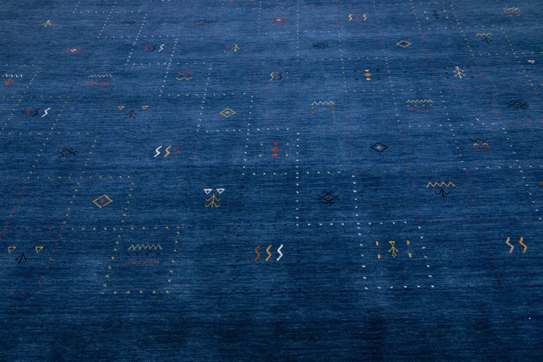 Modern Navy Blue Handmade Gabbeh Style Wool Rug with Geometric Pattern ...