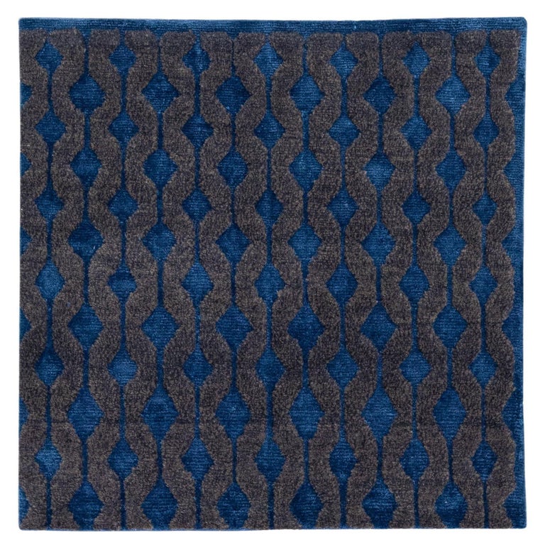 Modern Navy Blue Handmade Geometric Custom Wool Rug For Sale at 1stDibs