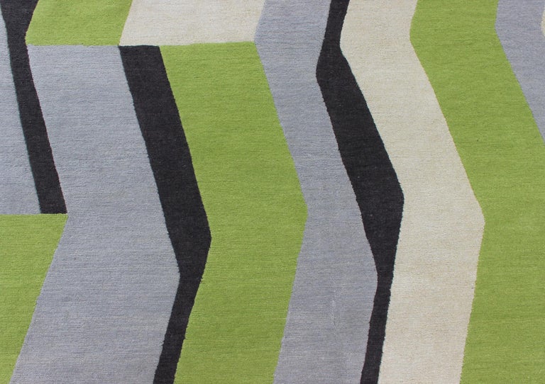 Modern Nepalese Wool and Silk Rug in Citron, Apple Green, Black, Gray ...