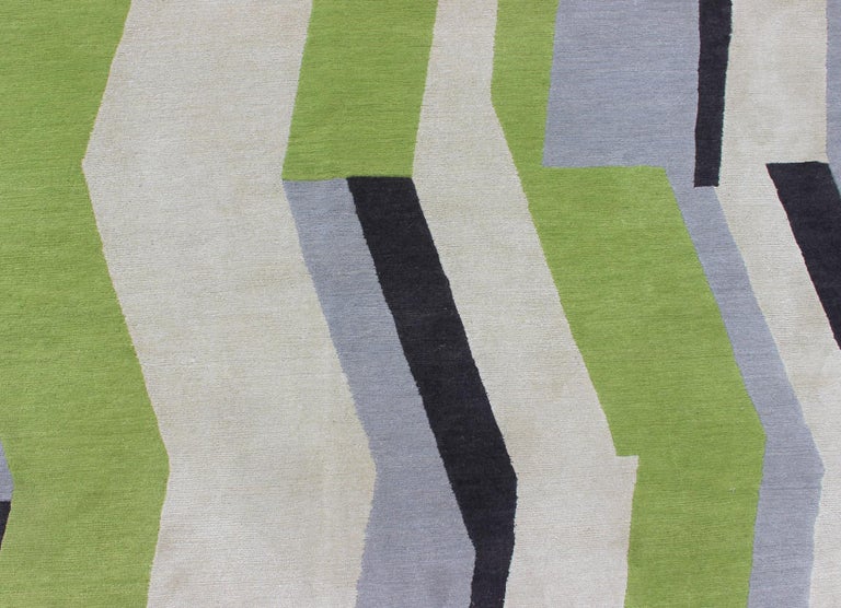 Modern Nepalese Wool and Silk Rug in Citron, Apple Green, Black, Gray ...