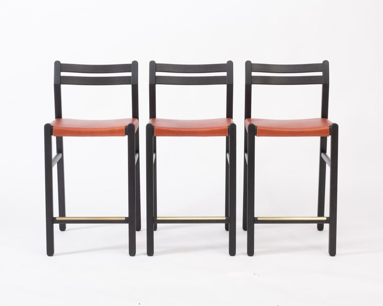 Modern Oak Low-Back Counter Stool with Leather Seat For Sale at 1stDibs