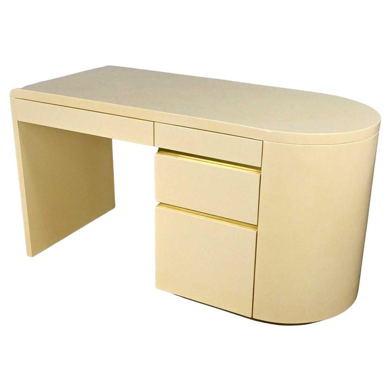 Modern off White Lacquered Desk Brass Details Style of Baughman or ...
