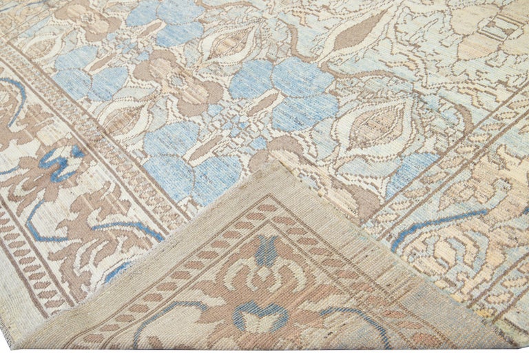 Modern Oushak Beige and Blue Handmade Tribal Floral Pattern Wool Rug ...